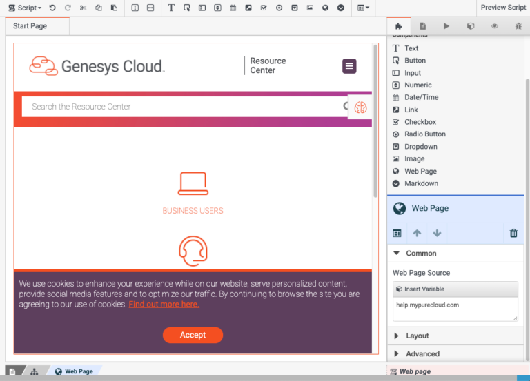 Web Page script component - Genesys Cloud Resource Center