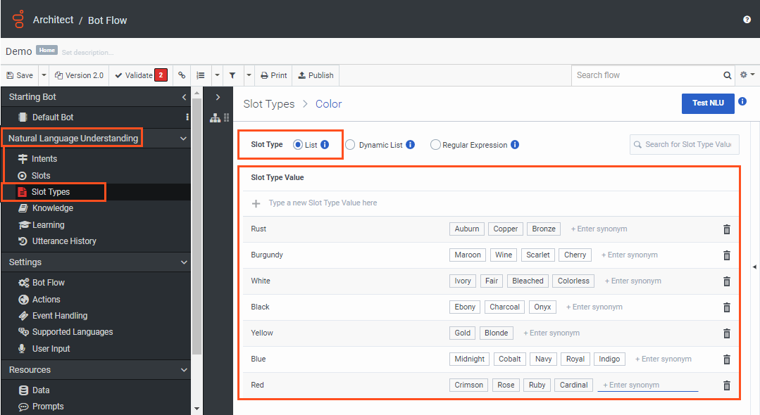 Use custom list slot types in a bot flow - Genesys Cloud Resource Center