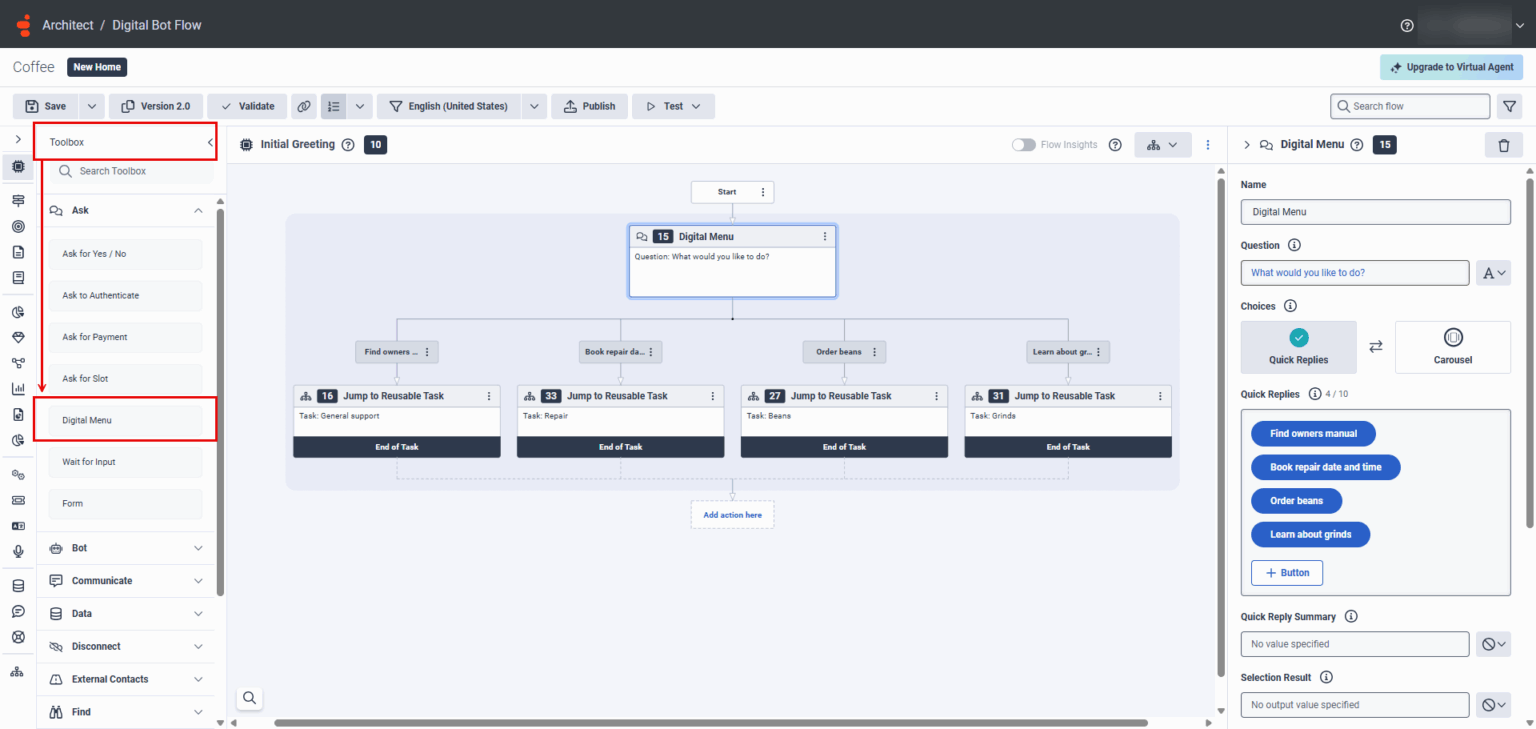 Build a primary digital menu for all tasks in Genesys Digital Bot Flows - Genesys Cloud Resource ...