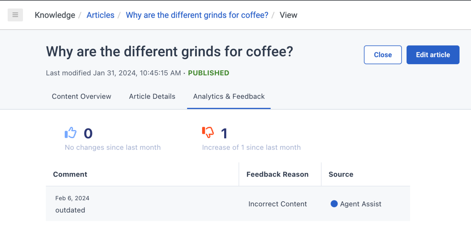 Review knowledge article feedback - Genesys Cloud Resource Center